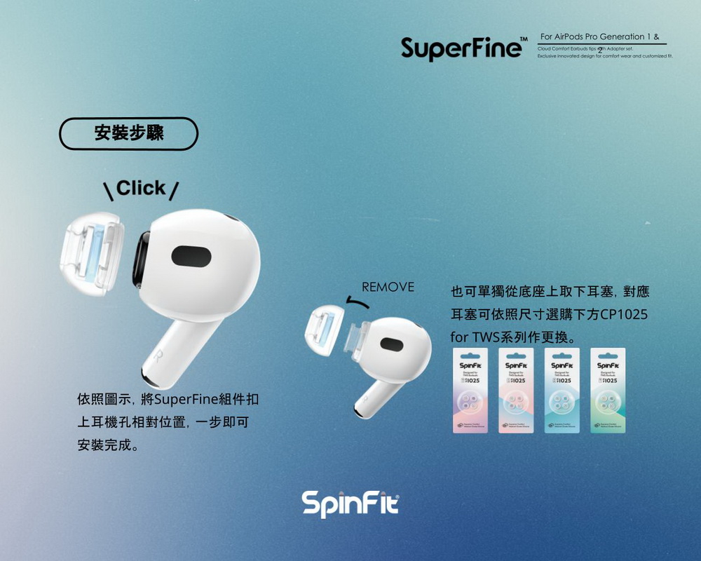 Spinfit Superfine 矽膠耳塞 Airpods Pro 1and2 專用 會動的耳塞 專利技術 一盒1對 公司貨 熱賣商品